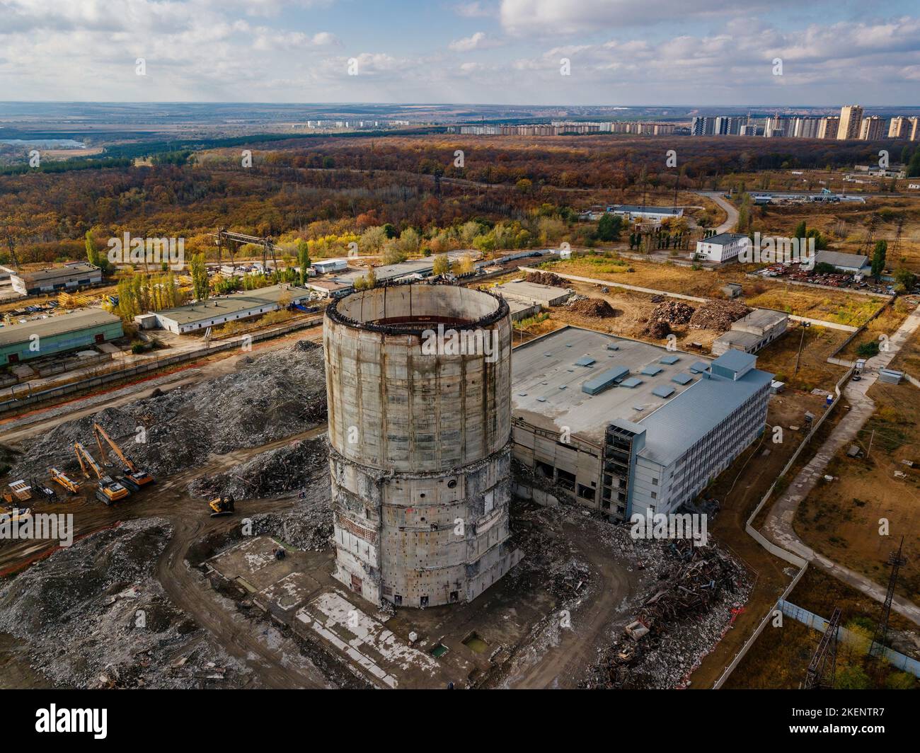 Aerial view of demolition site. Process of demolition of old industrial ...