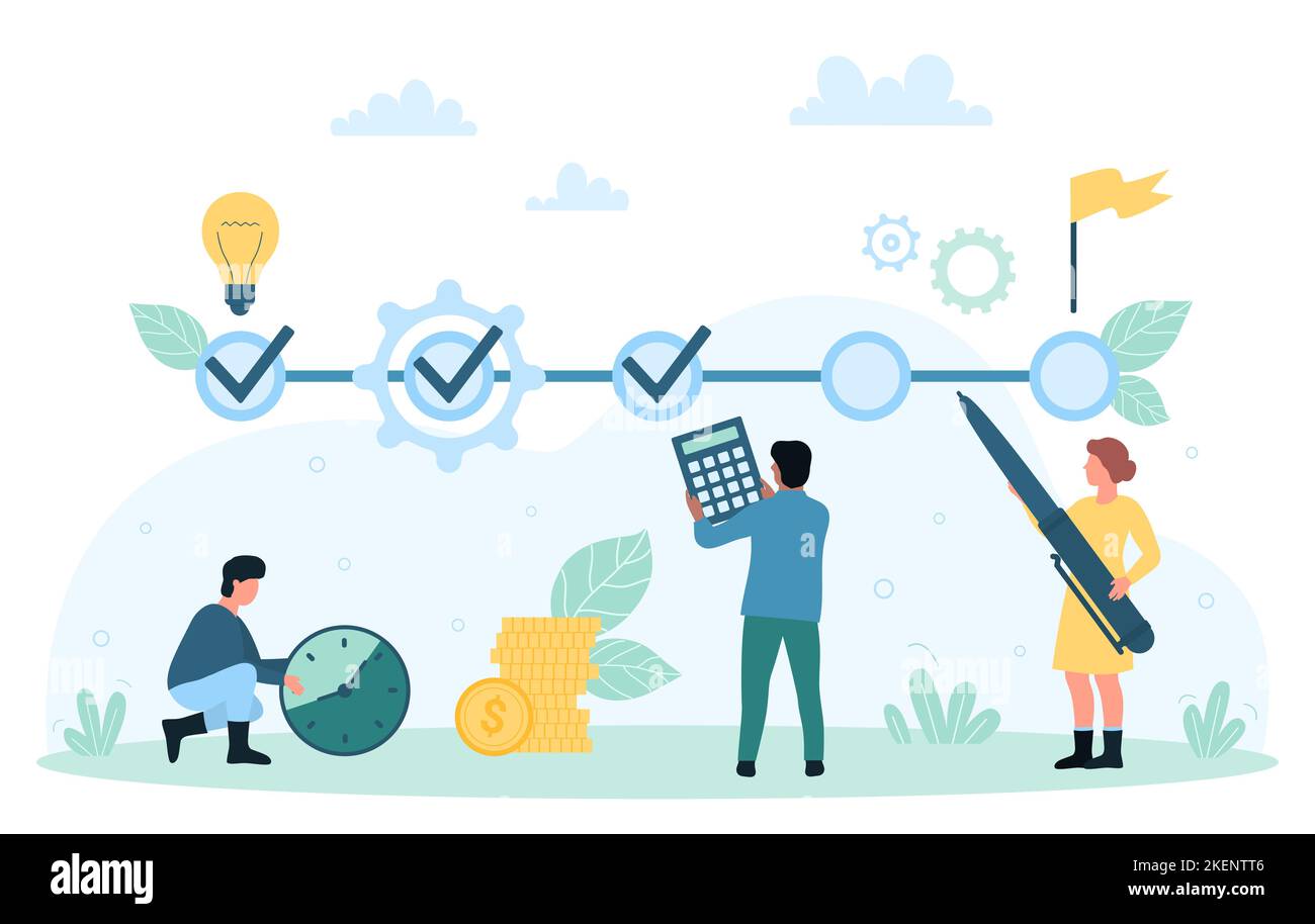 Project milestone to progress toward business goal vector illustration. Cartoon tiny people ...