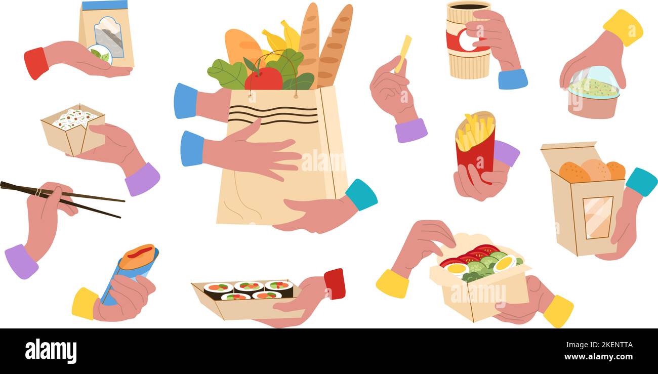 People take food to home. Hands take away packaging lunch, dinner and ...