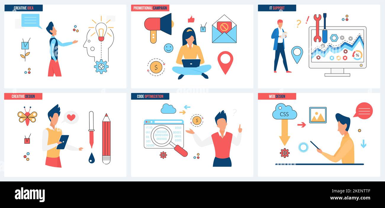 Creative web design, code optimization, customer support service set ...