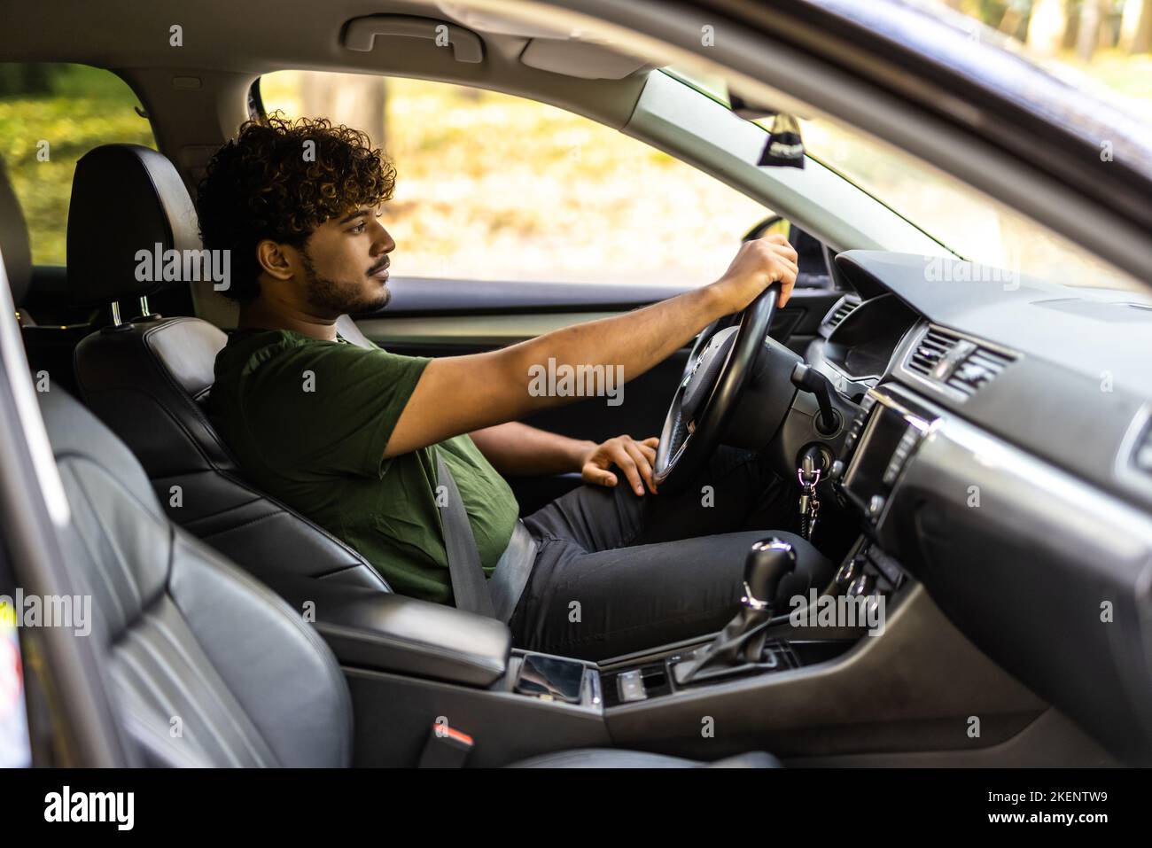 A handsome Indian man in a saloon car outside in countryside Stock ...