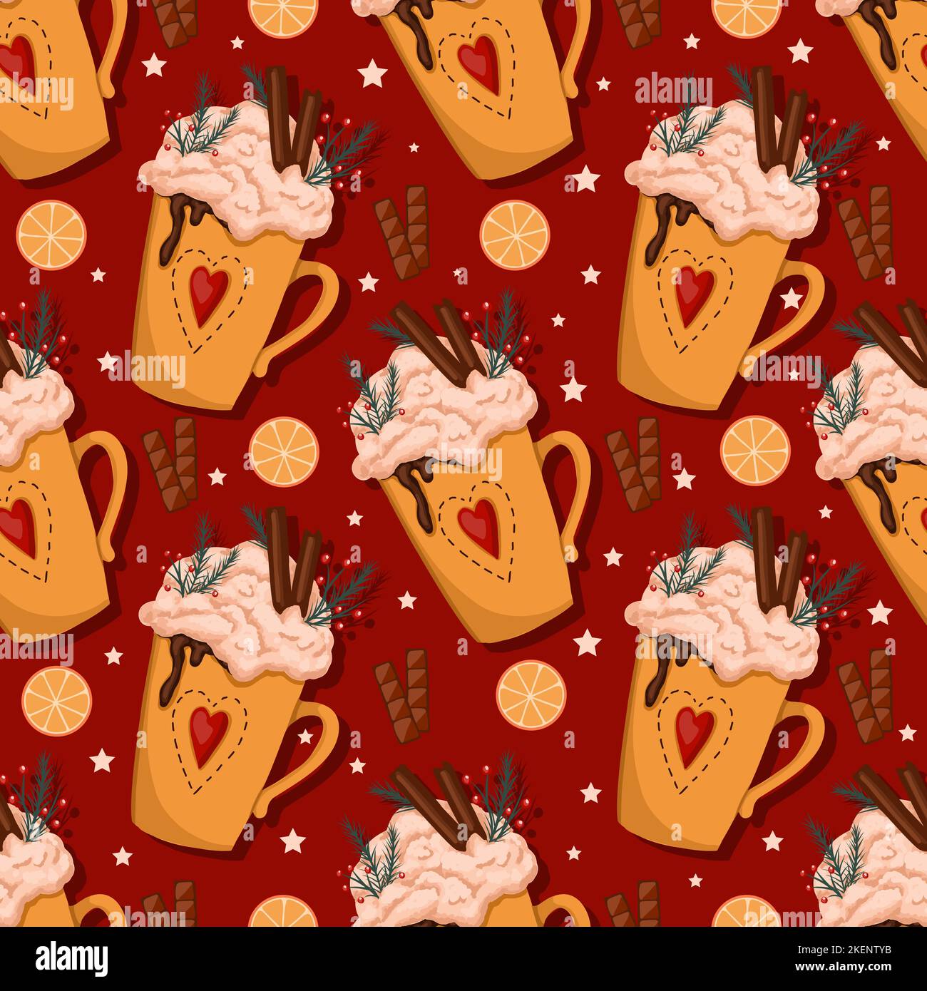 Wrapping paper with Christmas cups. Hot winter drink with marshmallows ...
