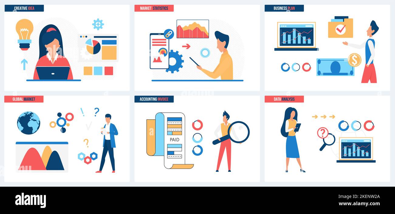 Business plan, document management, research for market statistics set vector illustration ...