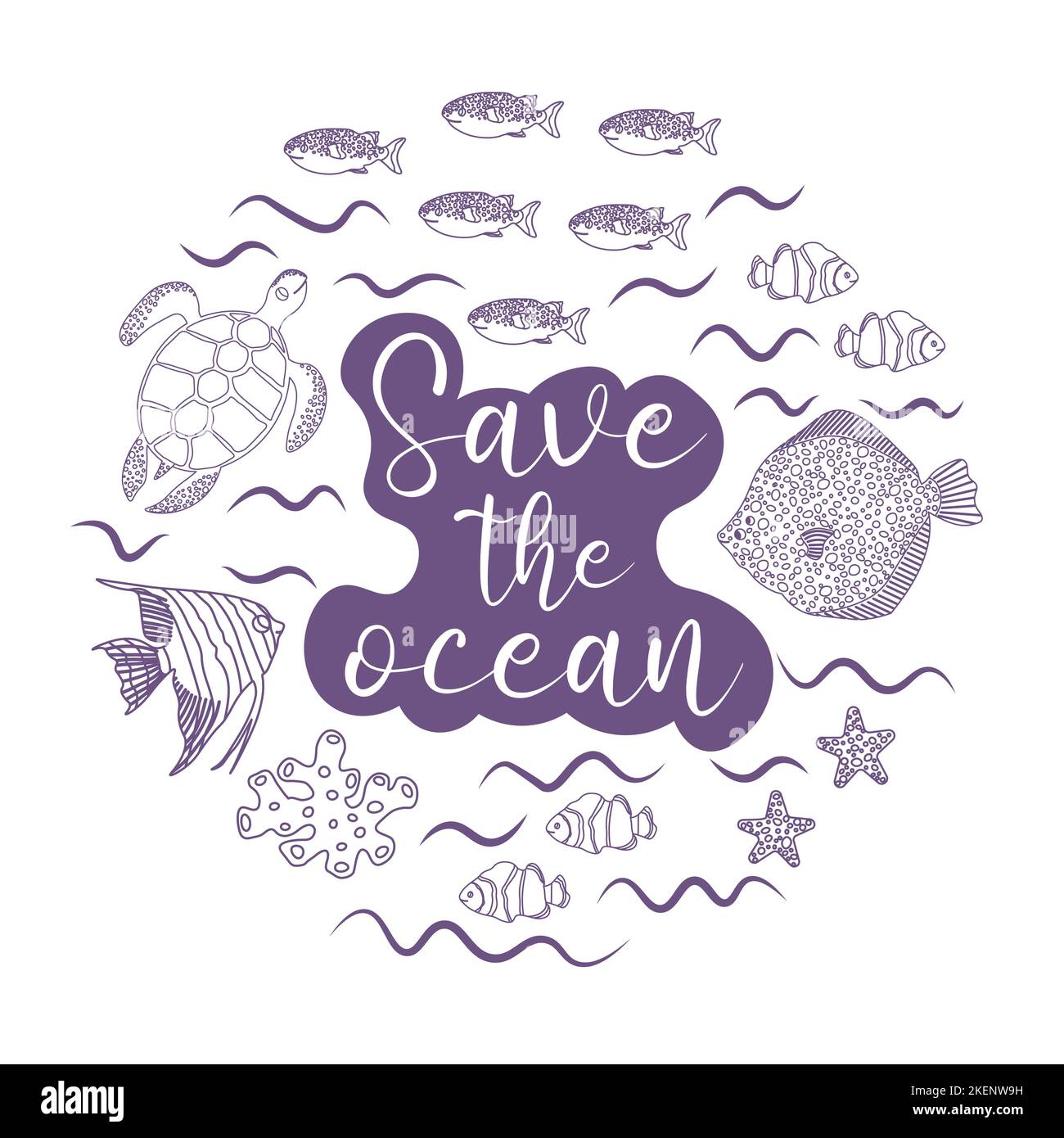Vector ocean illustration with turtle, scalaria,fugu fish starfish.Save ...