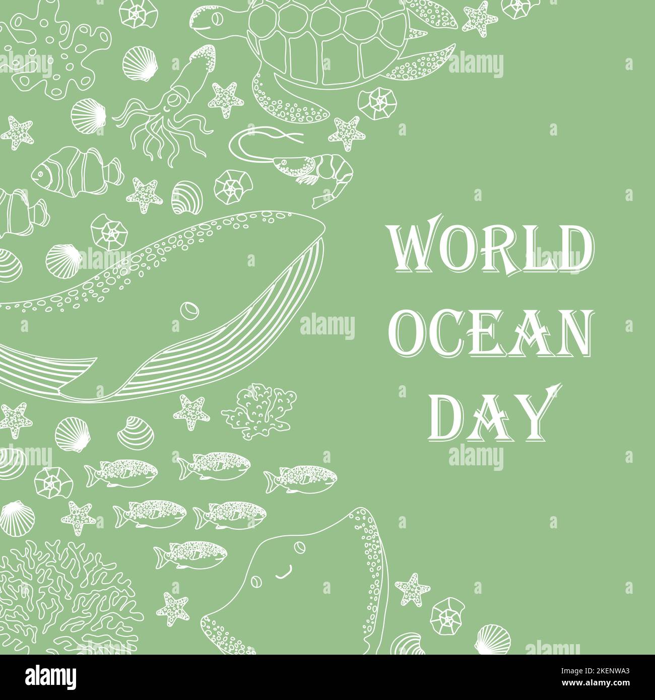 Vector ocean illustration with whale,devilfish,turtle,shrimp,squid ...