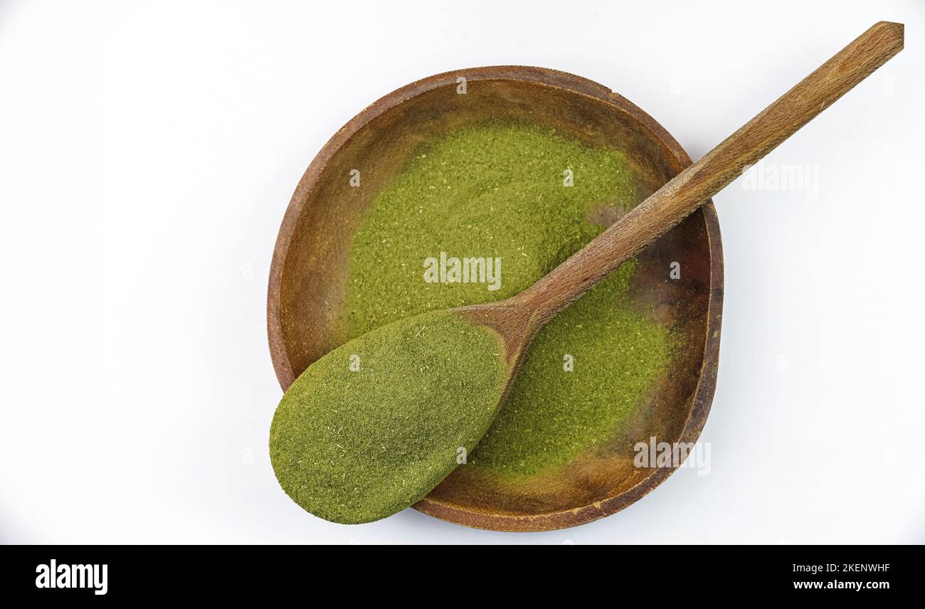 Kratom or Mitragyna speciosa powder isolated on white background top ...