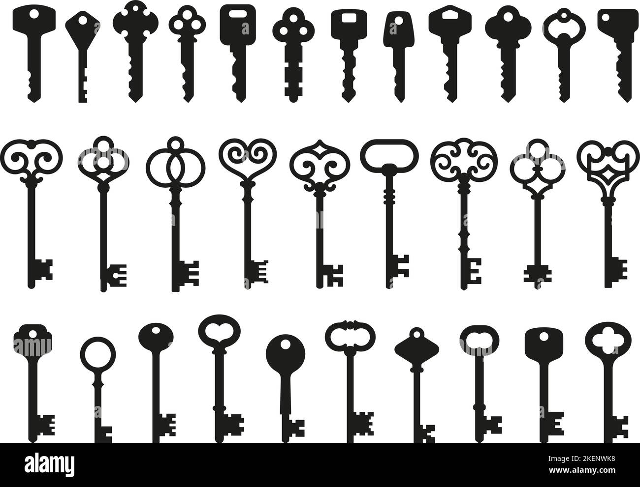 Antique key silhouettes. Medieval and modern keys, black vintage shapes ... Antique key silhouettes. Medieval and modern keys, black vintage shapes ...