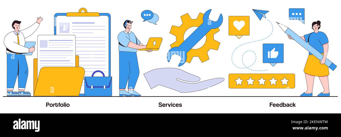 Portfolio, services, feedback concept with people characters. Corporate ...