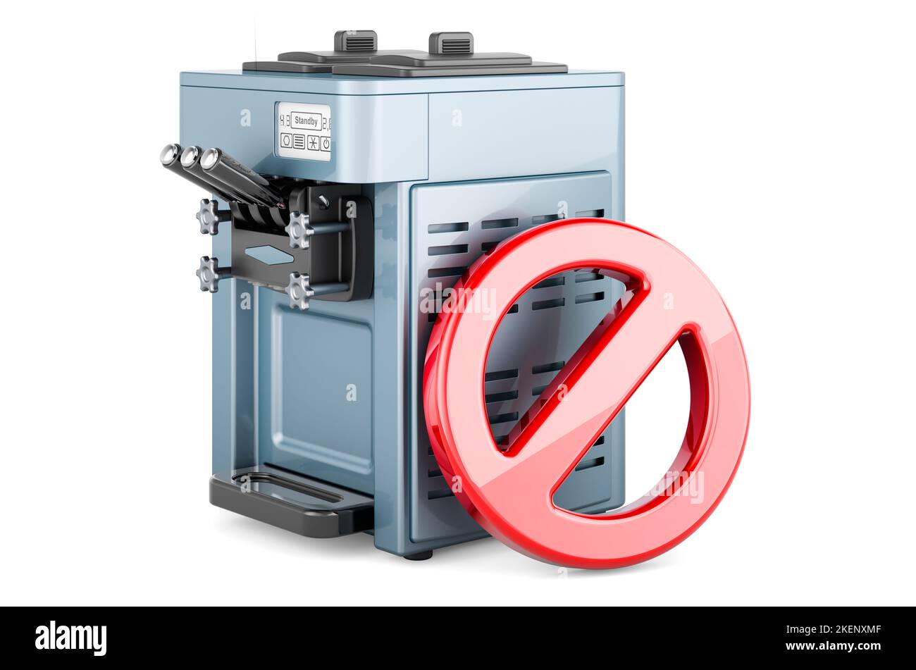 Commercial ice cream machine with prohibition sign, 3D rendering isolated on white background ...