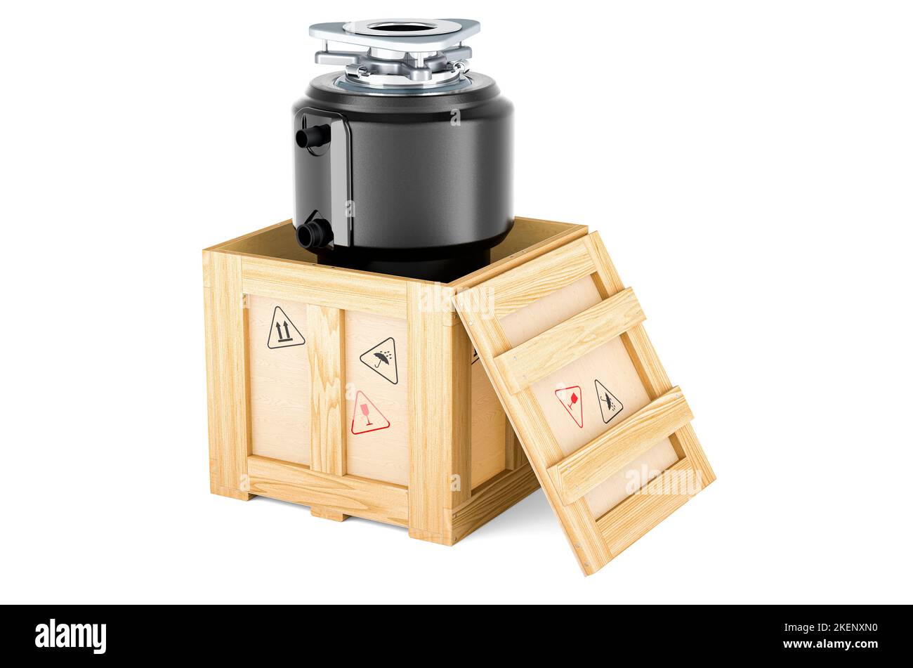 Garbage disposal unit inside wooden box, delivery concept. 3D rendering ...