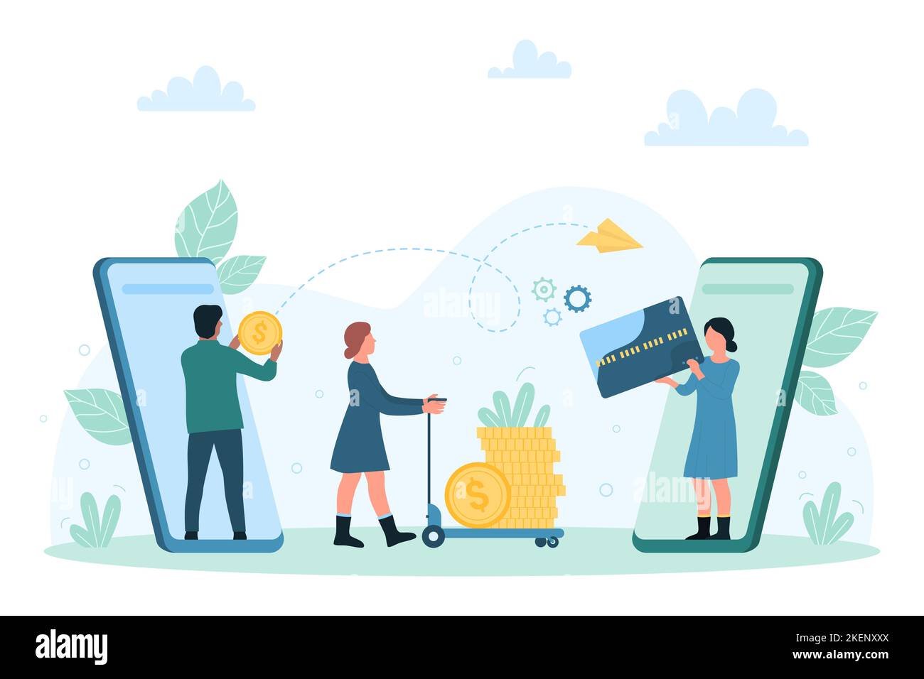 Money transfer and payment via phone vector illustration. Cartoon tiny ... Money transfer and payment via phone vector illustration. Cartoon tiny ...