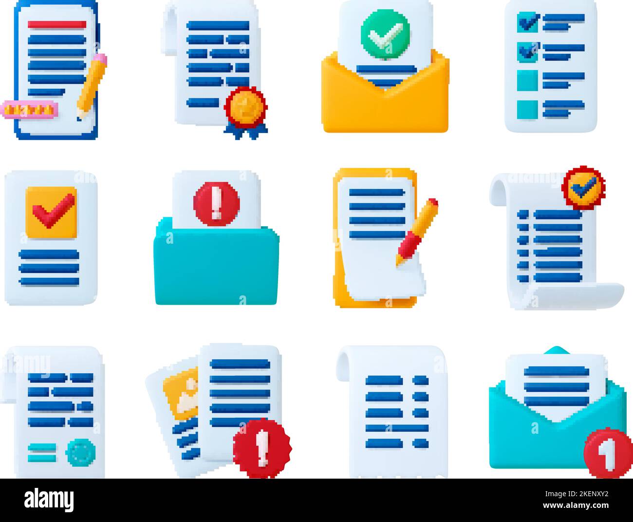 Office 3d business icons. Clipboard with page, pencil and pen. Message ...
