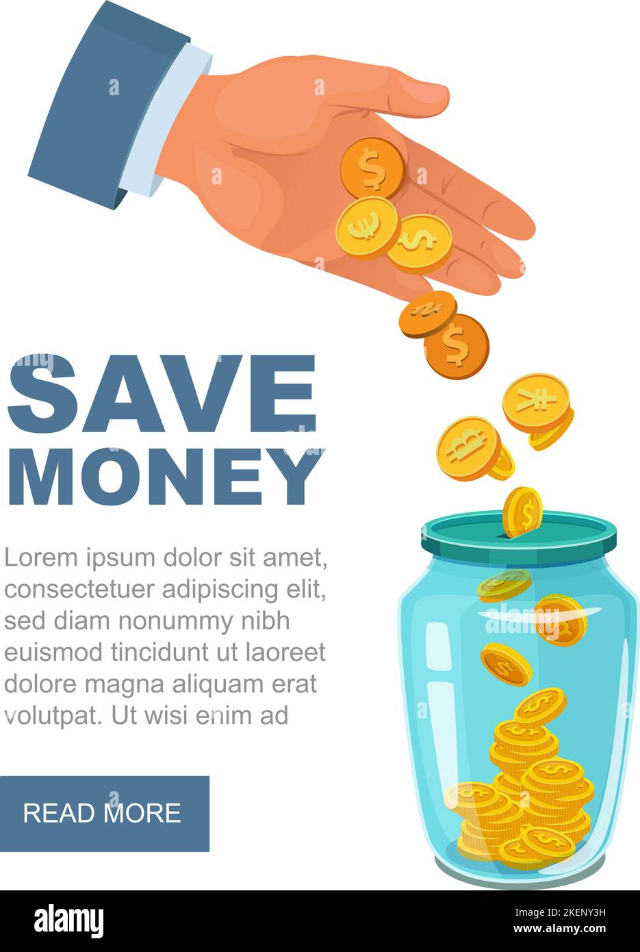 Save money. hands putting money coins to transparent jar. vector ...