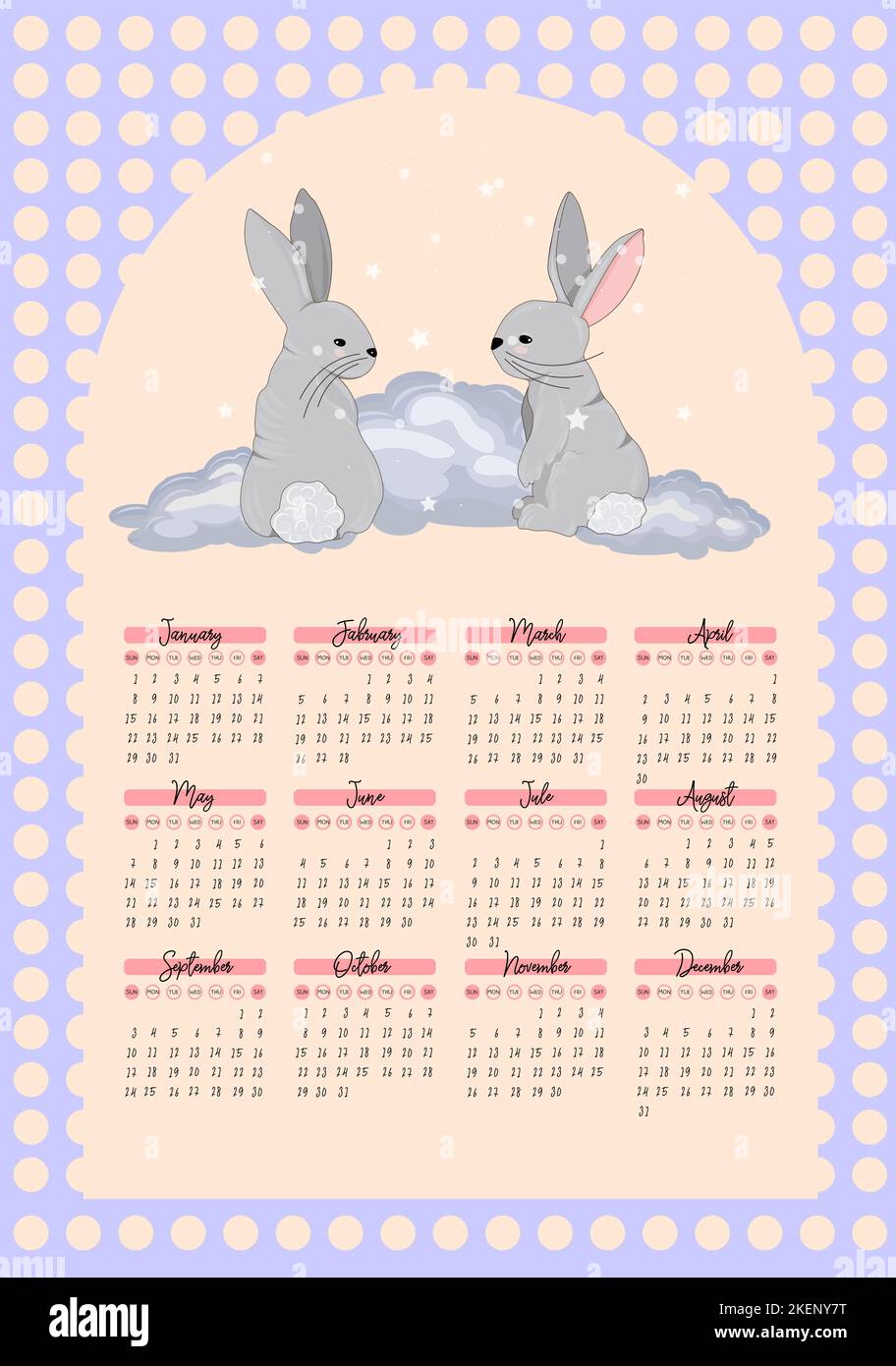 calendar for 2023 Year of the Rabbit. Vector calendar template vertical ...