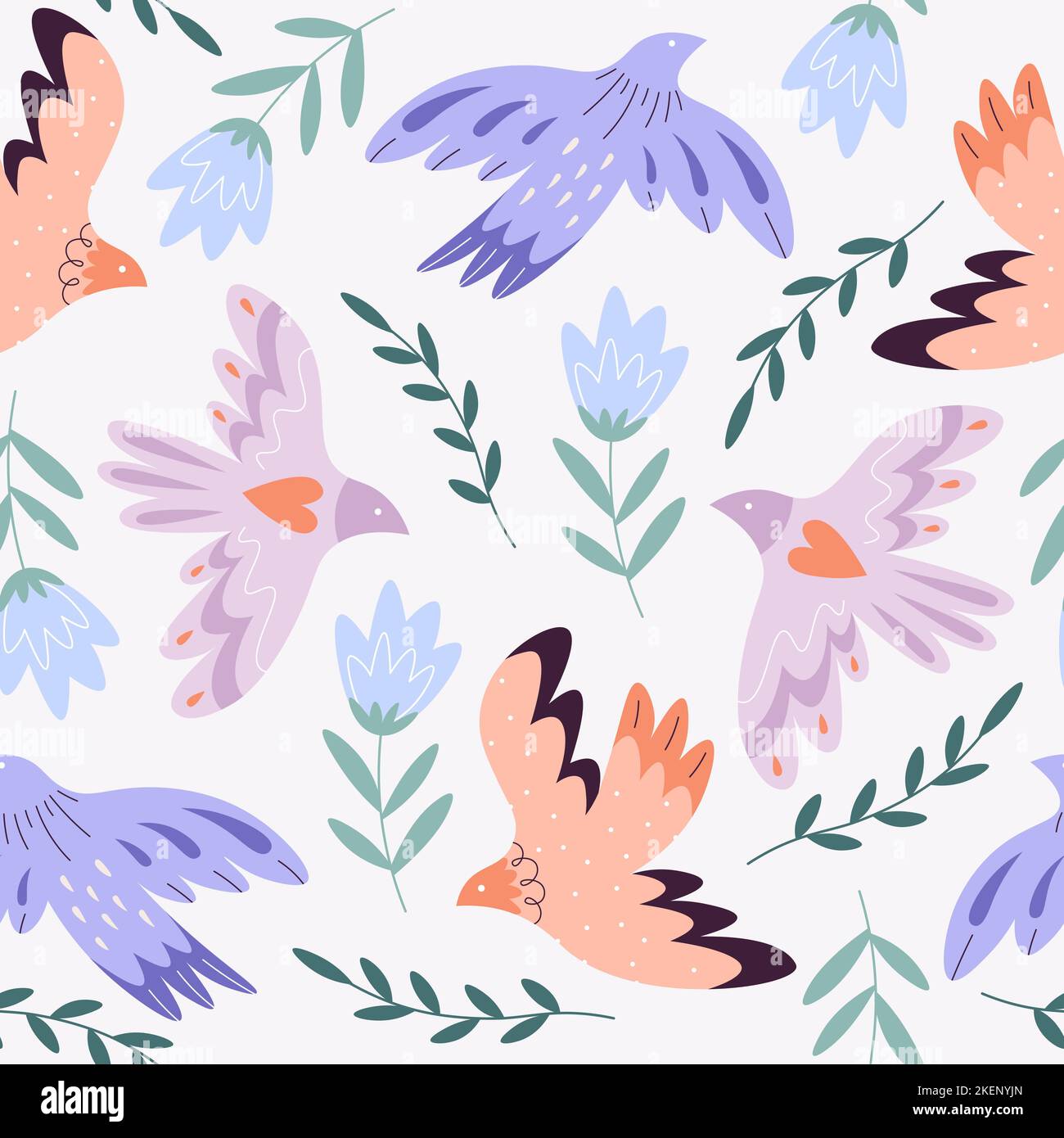 Decorative birds and flowers seamless pattern. Floral bird silhouette ...