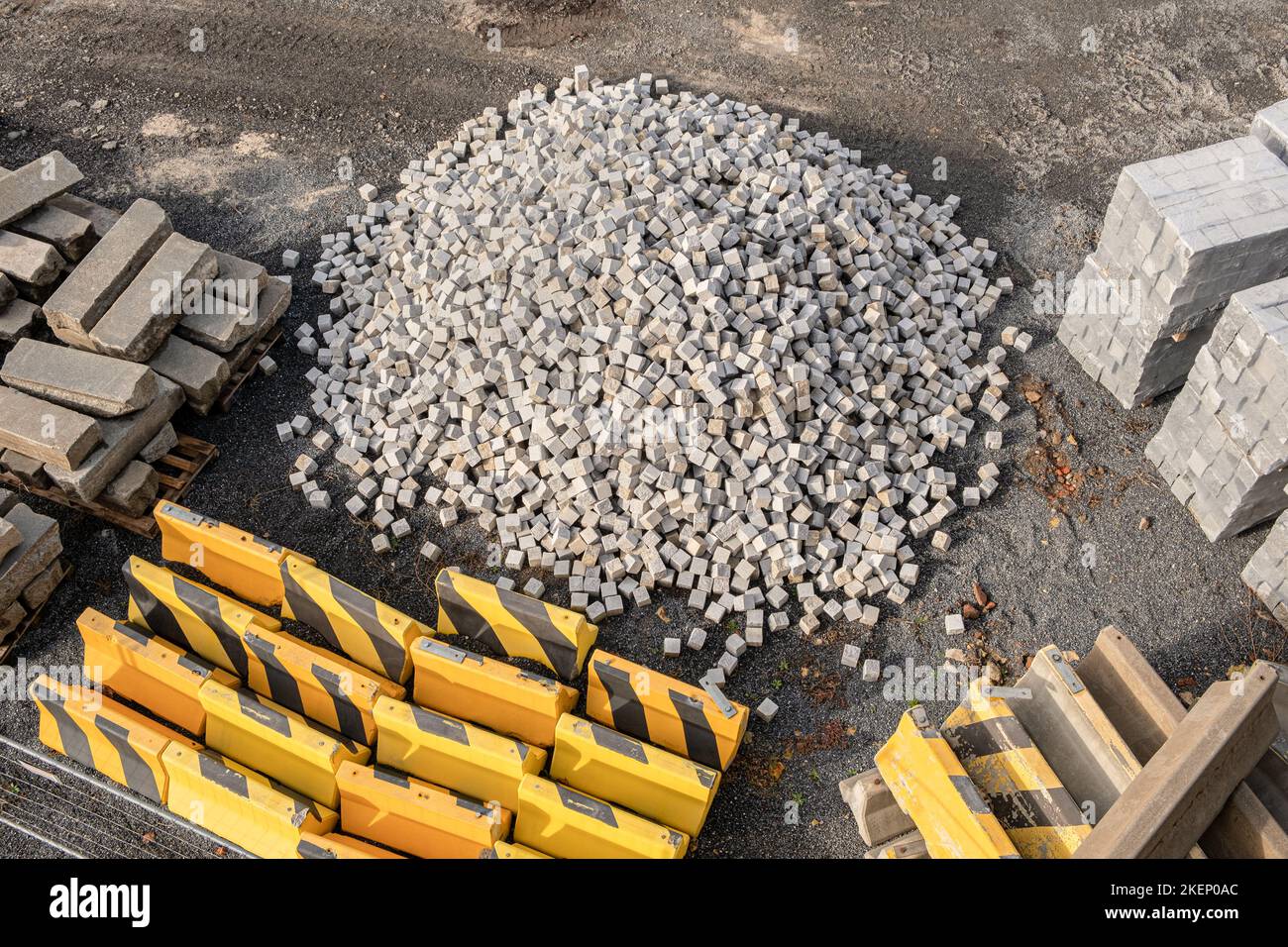 Heap of road construction materials. Cube shaped Grey stones granite ...