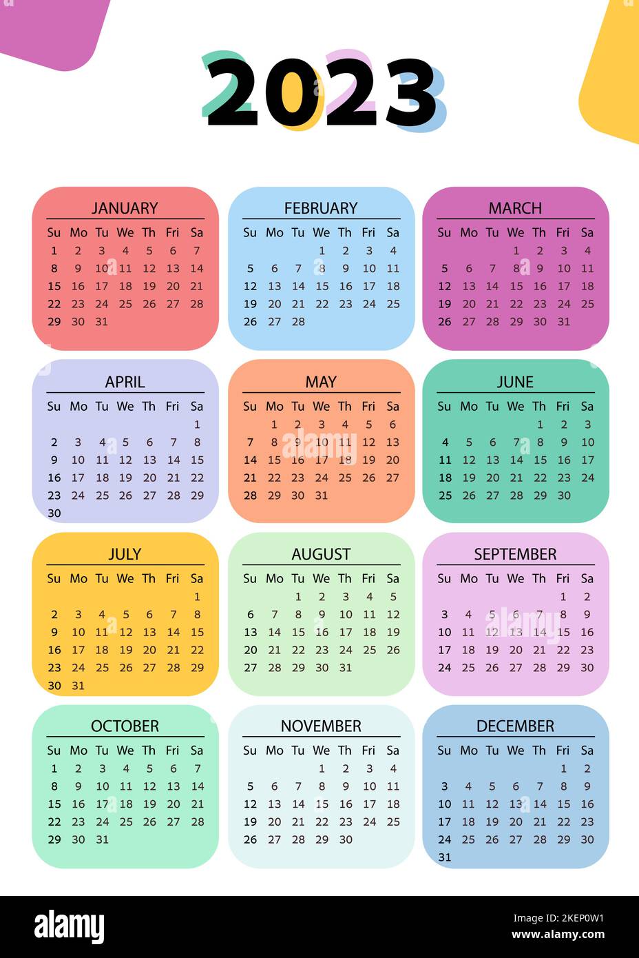 Vertical pocket calendar on 2023 year, rainbow square. template color ...