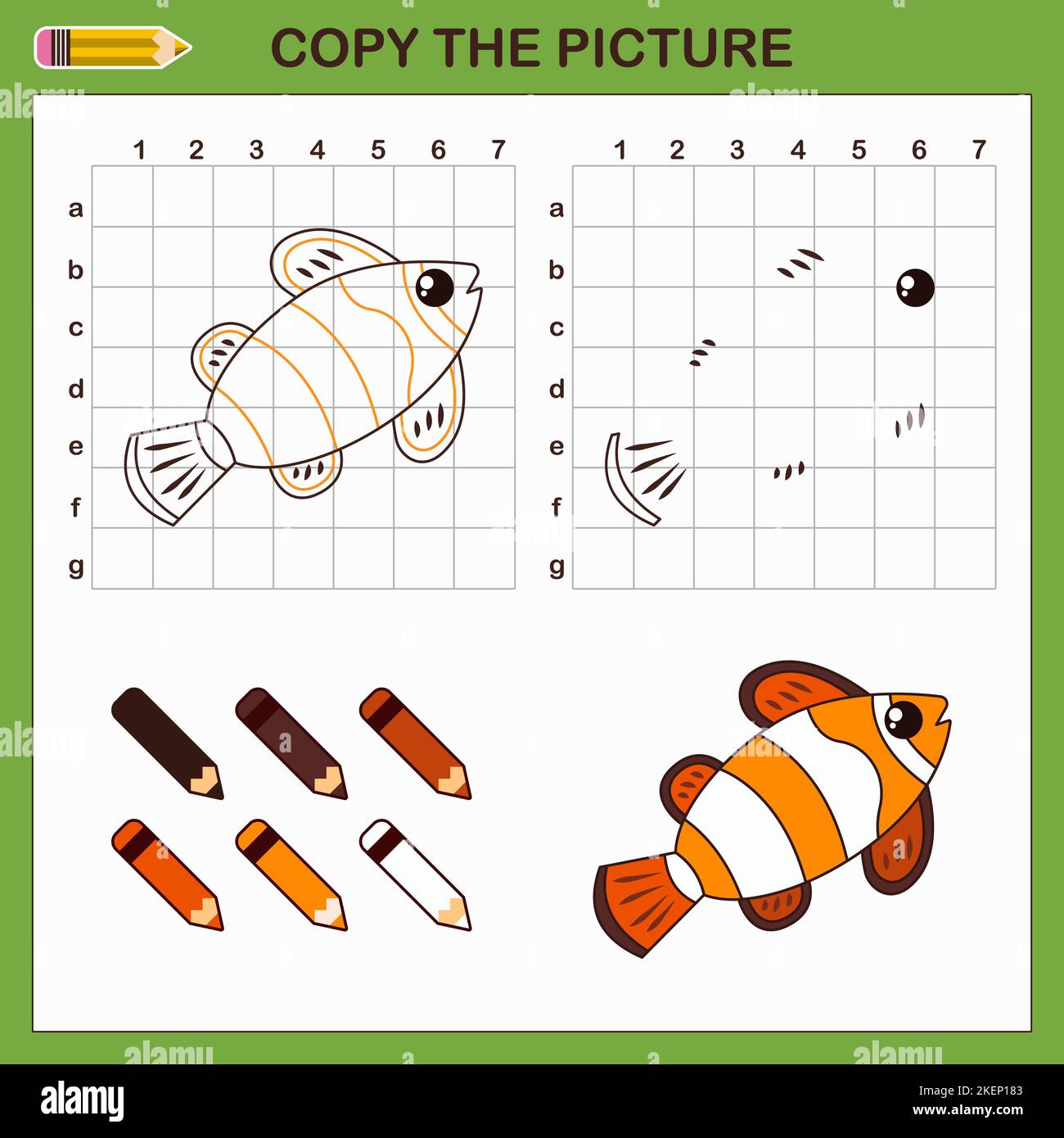 Copy drawing of Clown fish. Vector draw worksheet with cute fish Stock ...