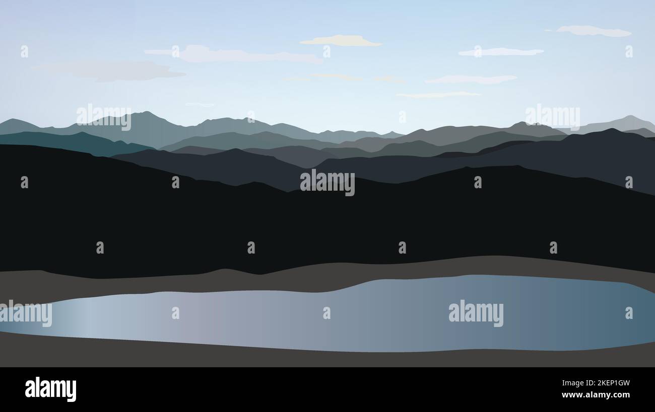 Mountain and hills landscape. Rural skyline. Lake Lagoon resort view ...