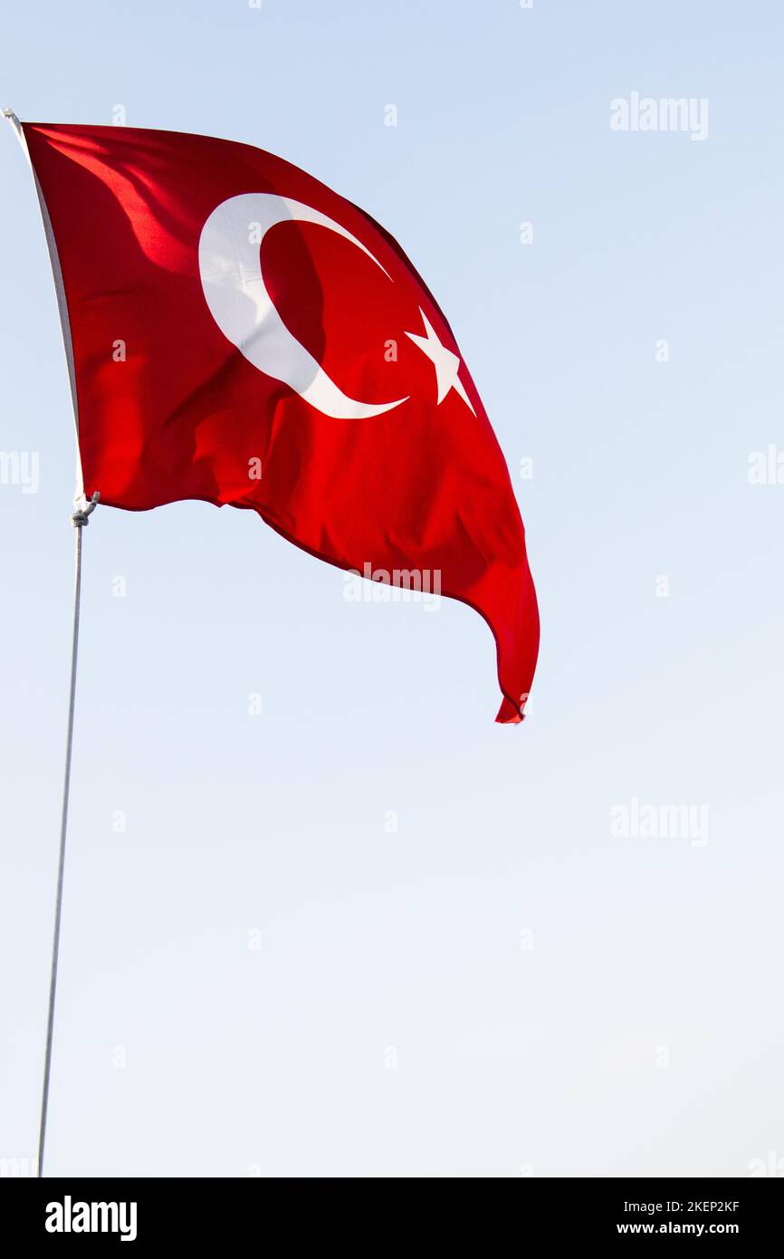 Turkish national flag hang on a pole in open air Stock Photo - Alamy