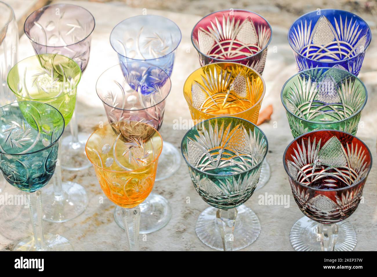 Drinking glasses of various color with patterns Stock Photo - Alamy