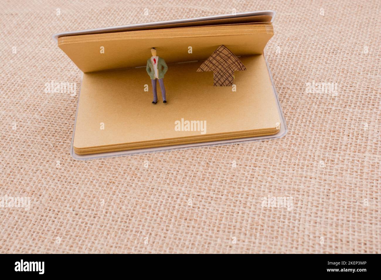 Figurine and an paper arrow in a notebook on canvas Stock Photo - Alamy