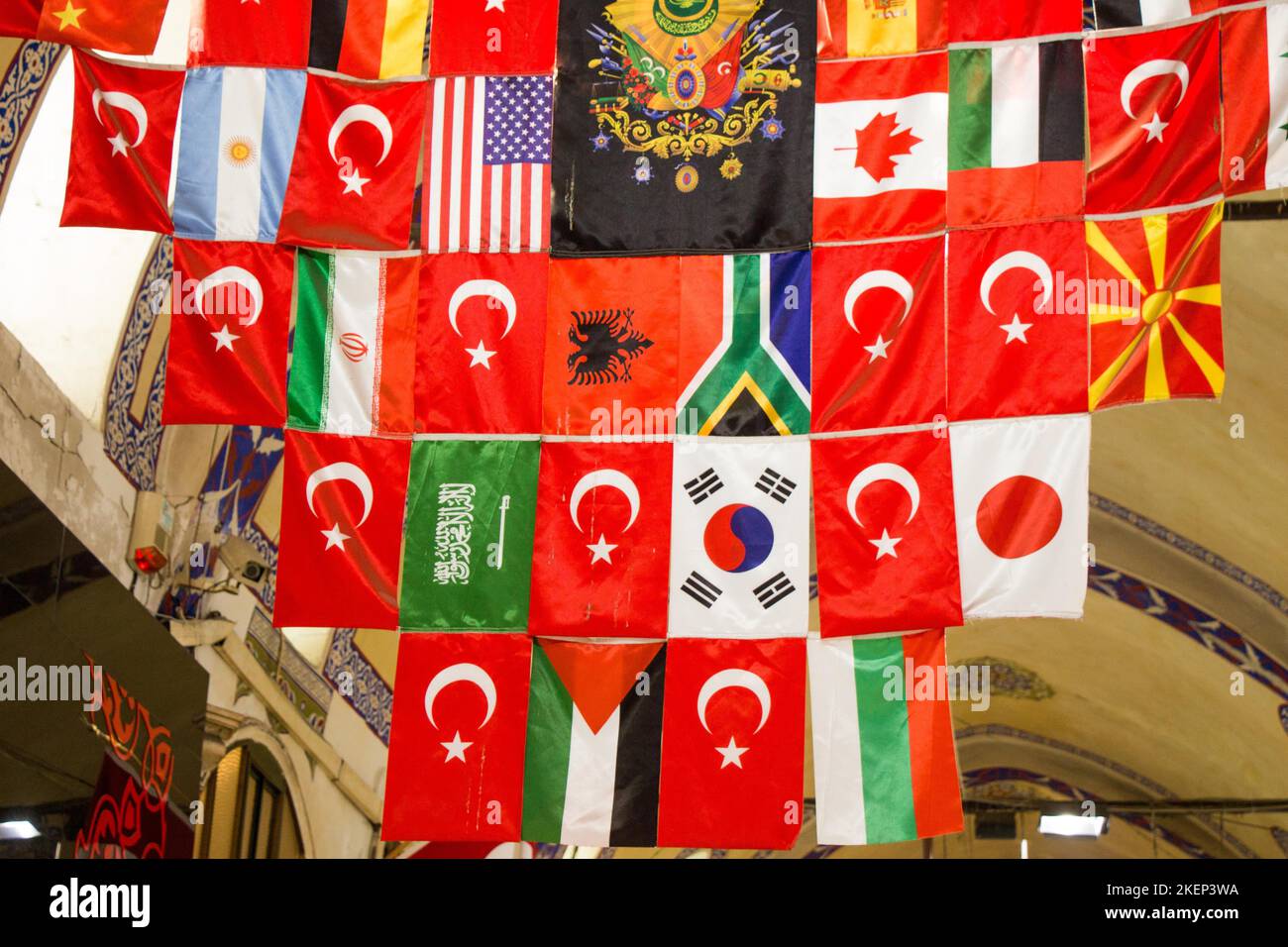 Turkish national flag hang on a pole on a rope in the street in open ...