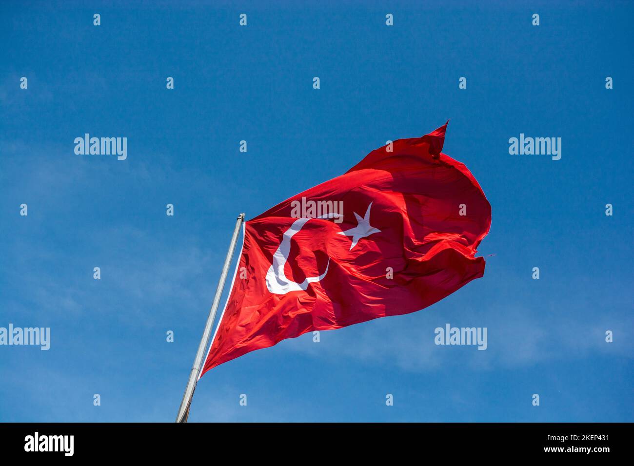 Turkish national flag hang on a pole in open air Stock Photo - Alamy