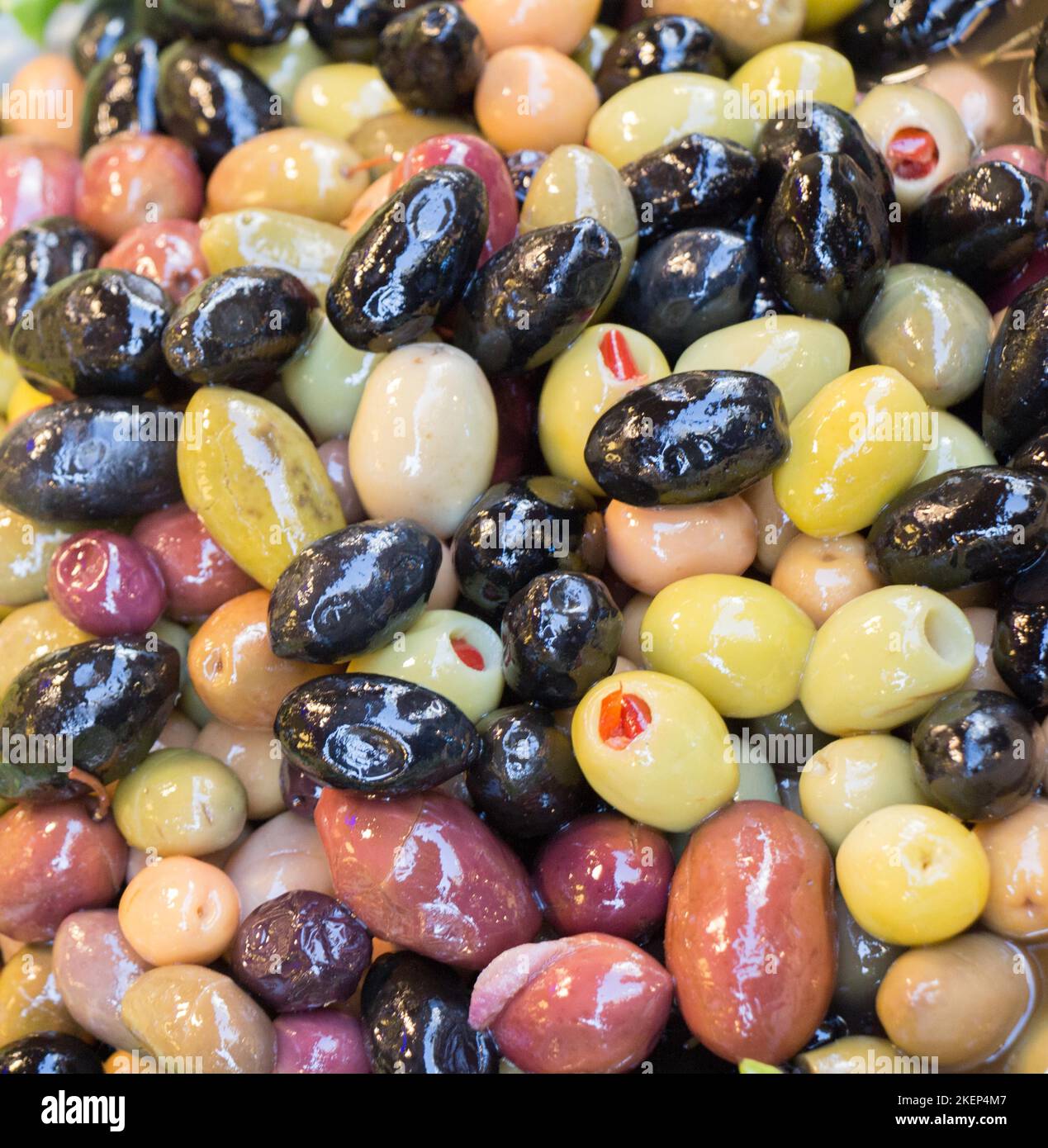 Turkish style prepared olives in the market stands Stock Photo - Alamy