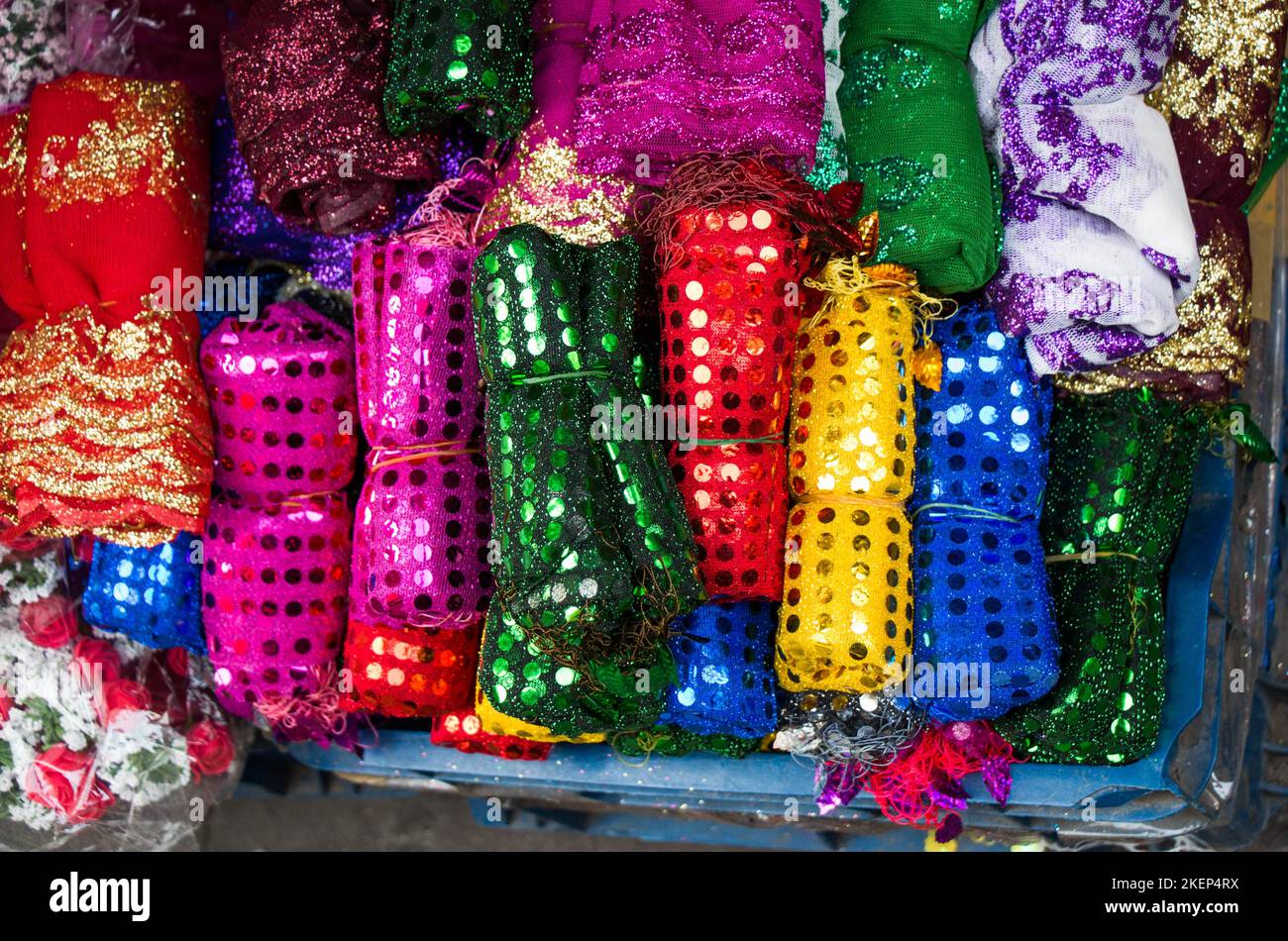 Examples of bright fabric of various color in view Stock Photo - Alamy
