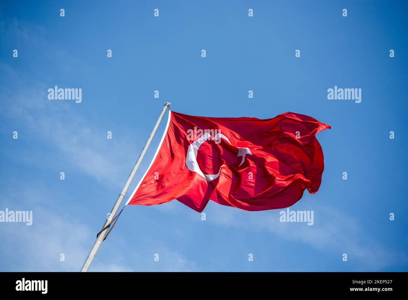 Turkish national flag hang on a pole in open air Stock Photo - Alamy