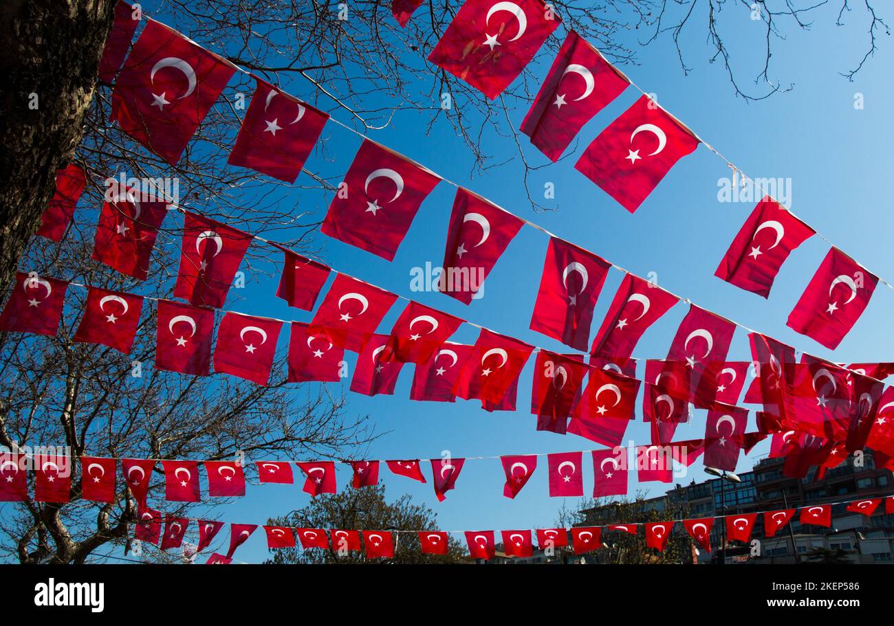 Turkish national flag in open air on a rope Stock Photo - Alamy