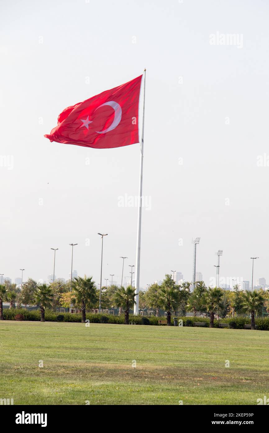 Turkish national flag hang on a pole in open air Stock Photo - Alamy