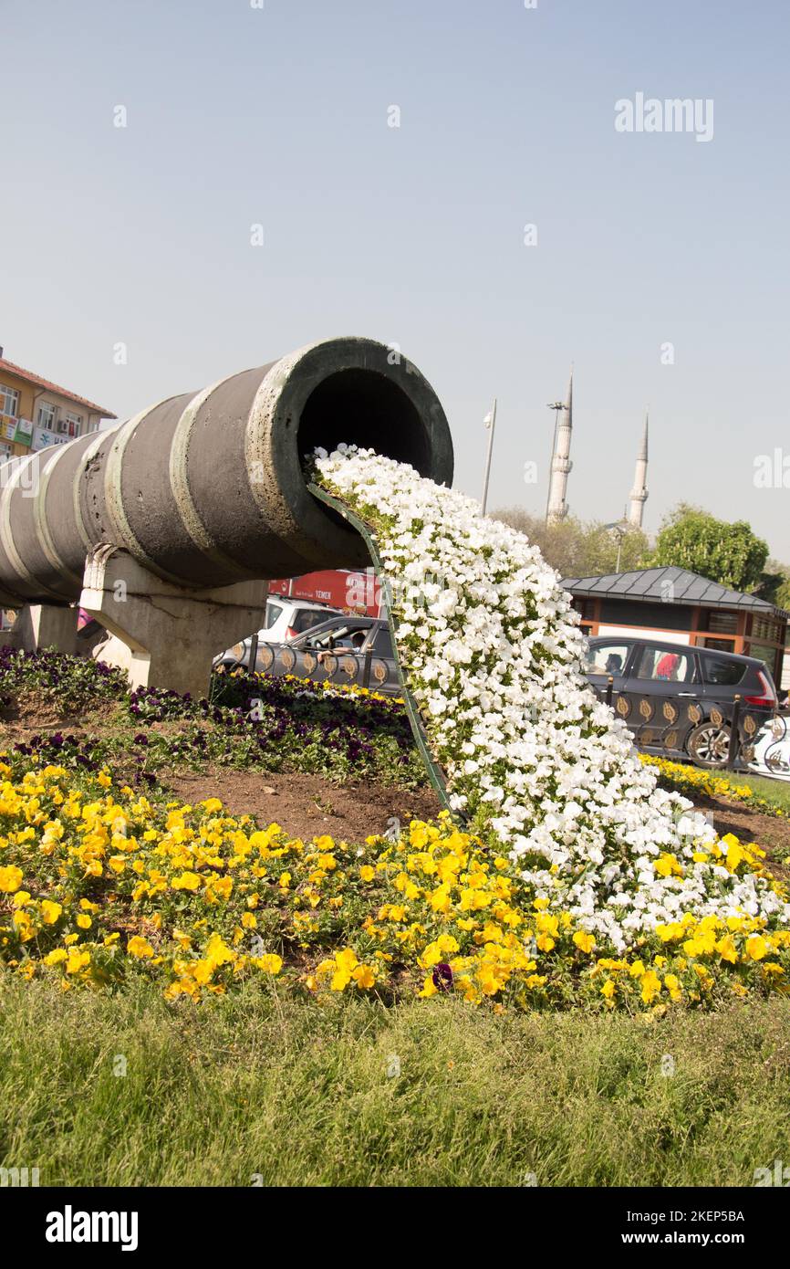 Flowers running out of a pipe in a garden Stock Photo - Alamy
