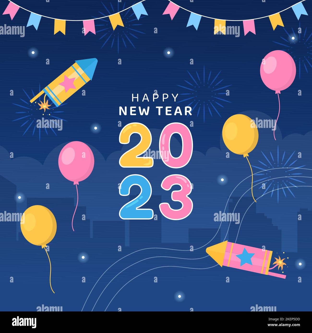 Happy New Year Celebration Flat Cartoon Background Hand Drawn Templates ...