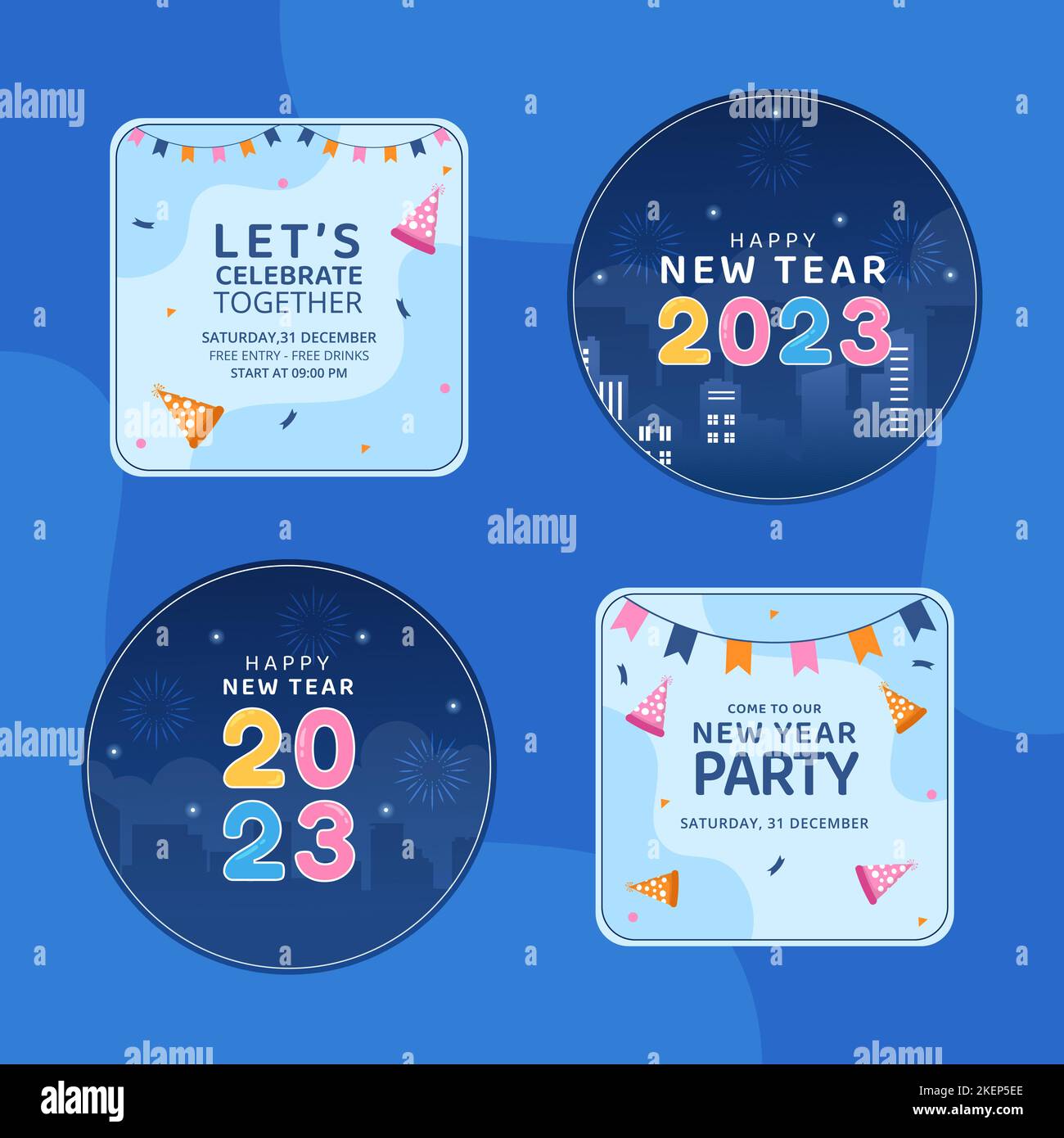 Happy New Year Celebration Label Flat Cartoon Hand Drawn Templates ...