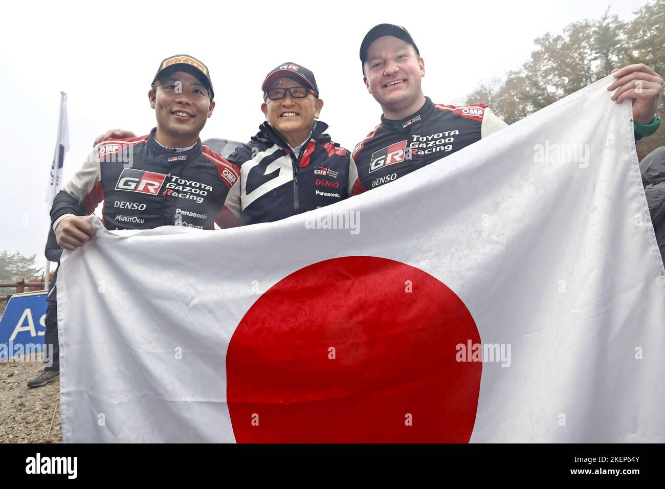 Toyota driver Takamoto Katsuta (L) and Toyota Motor Corp. President ...