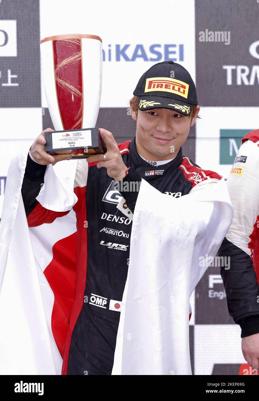 Toyota driver Takamoto Katsuta poses on the podium in the Aichi Prefecture city of Toyota on Nov ...
