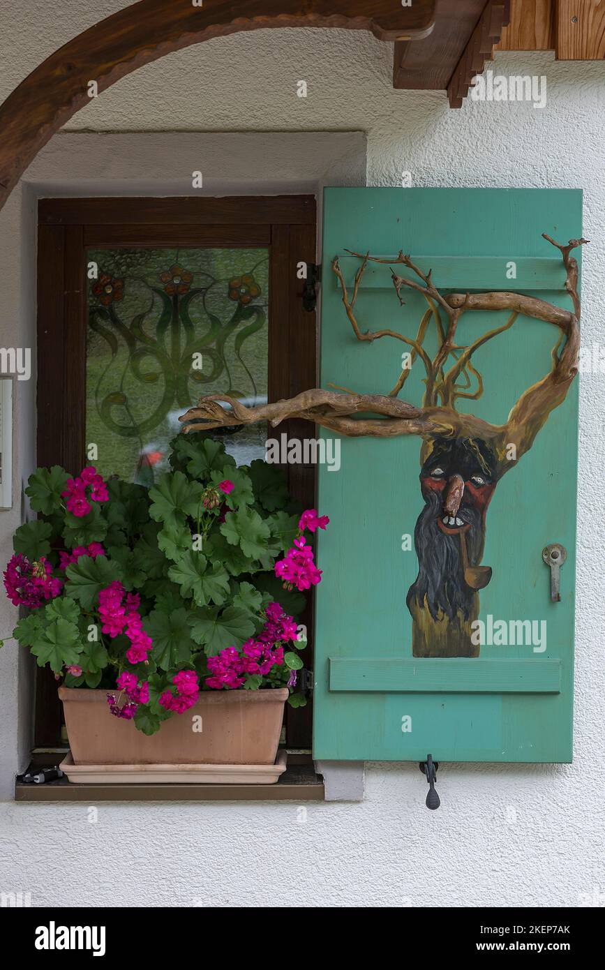 Window decorated with a flower box and a rootstock, Allgaeu, Bavaria ...