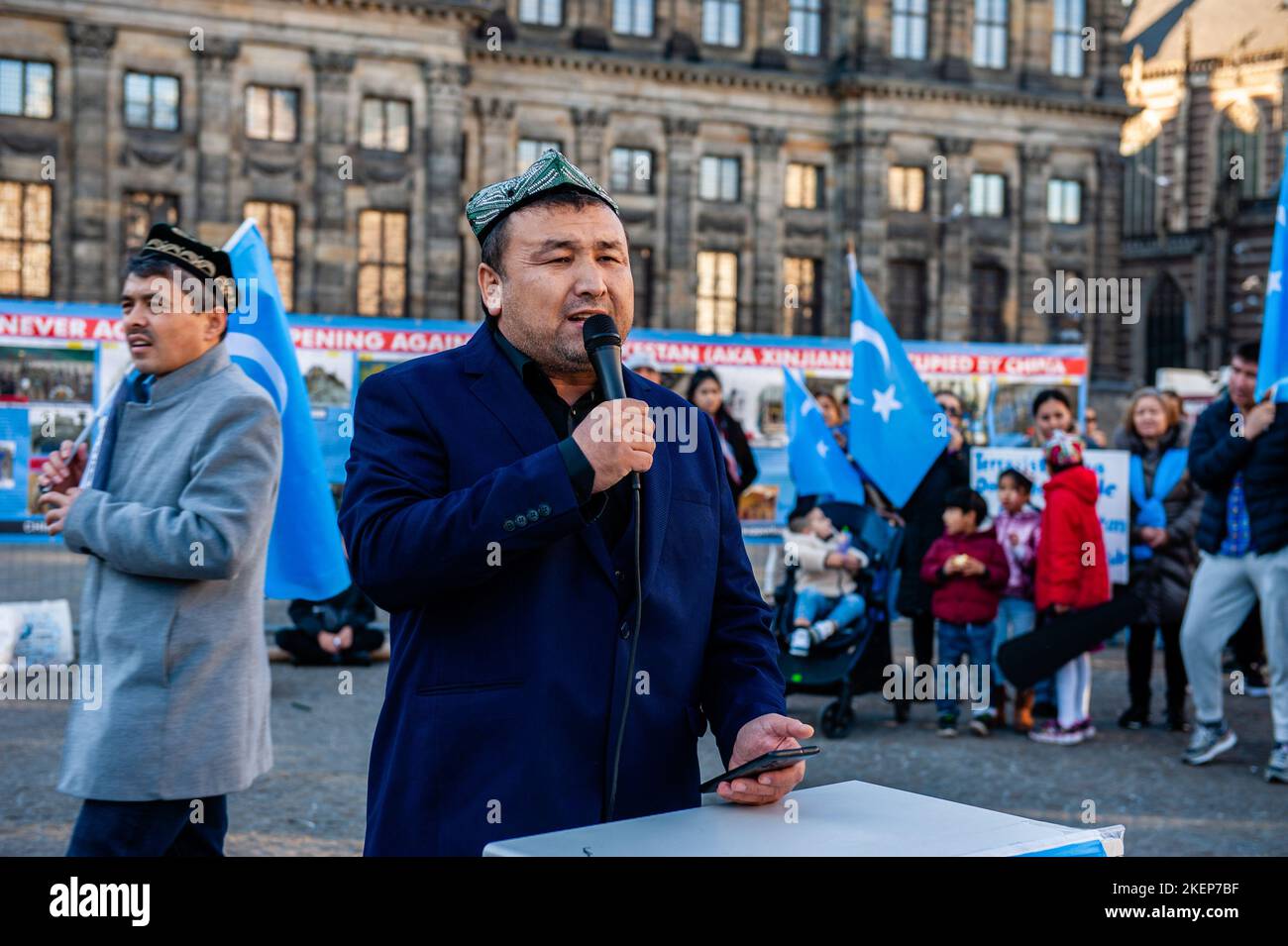 An Uyghur man speaks against the concentration camps in China during an ...
