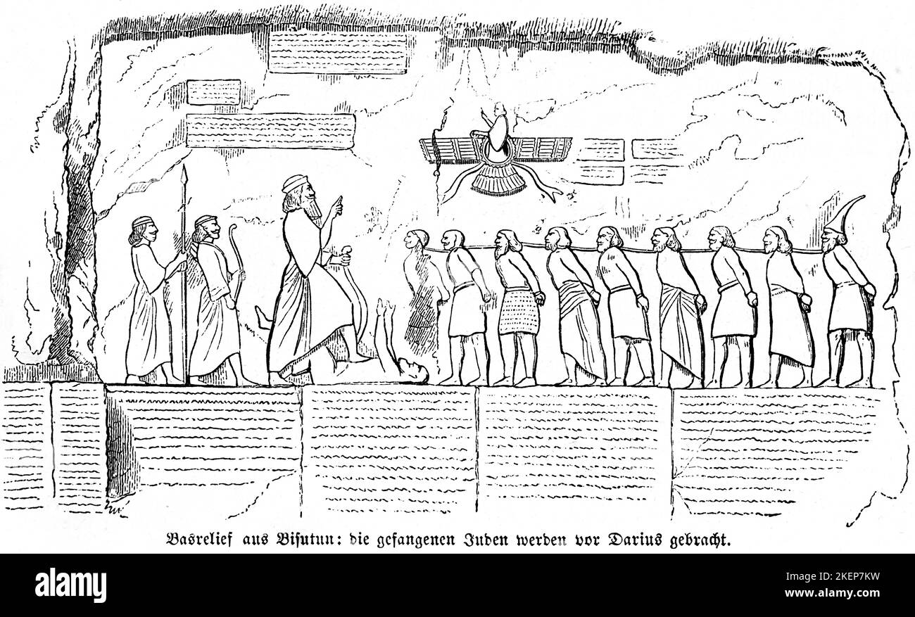 Bas-relief from Bisutun. The captive Jews are brought in front of ...