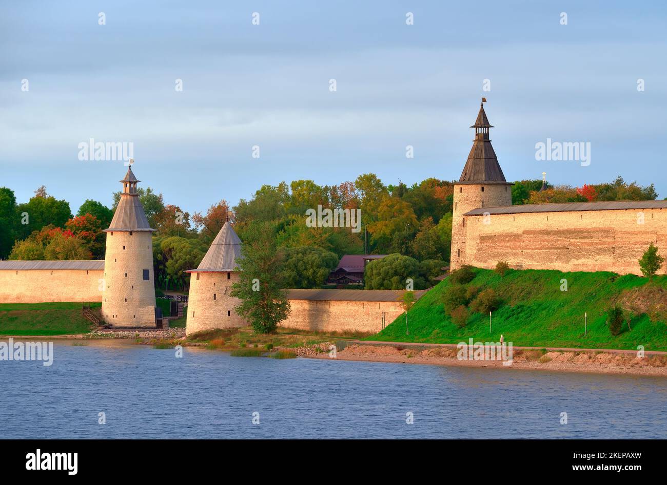 The walls of the Pskov Kremlin. Fortress towers on the banks of the ...
