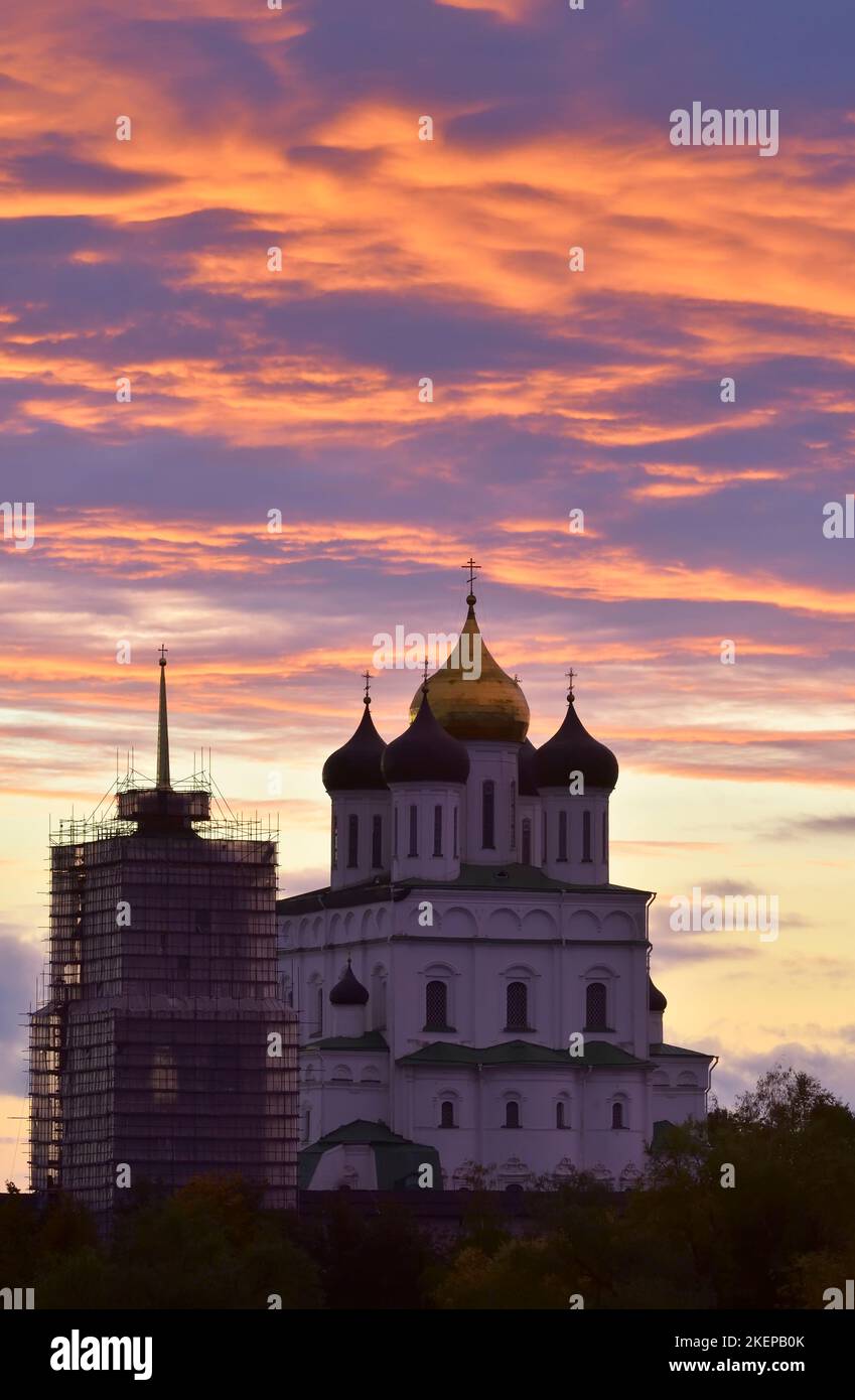 Old churches of Pskov. The domes of the Trinity Cathedral at sunset, an ...