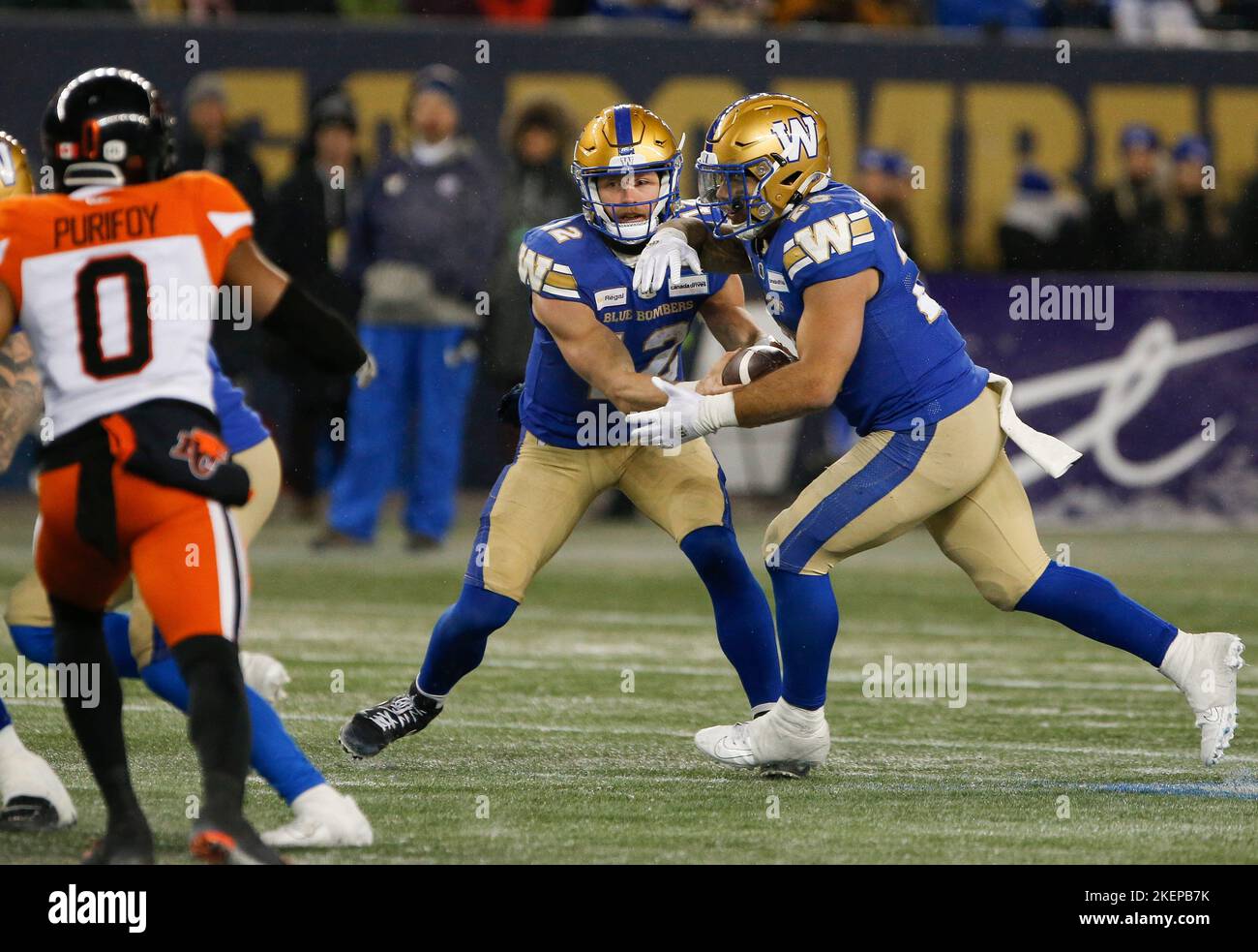 November 13, 2022, WINNIPEG, MB, CANADA: Winnipeg Blue Bombers quarterback Dru Brown (6) hands ...
