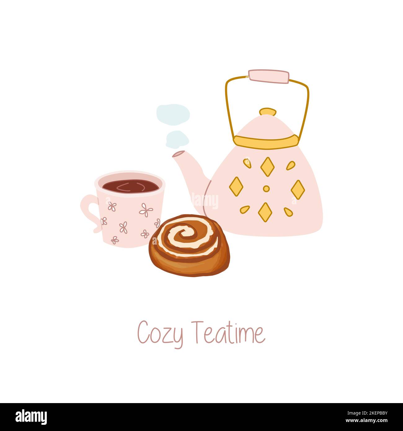 Hand drawn illustration of cozy teatime, pink kettle with a cup of tea ...