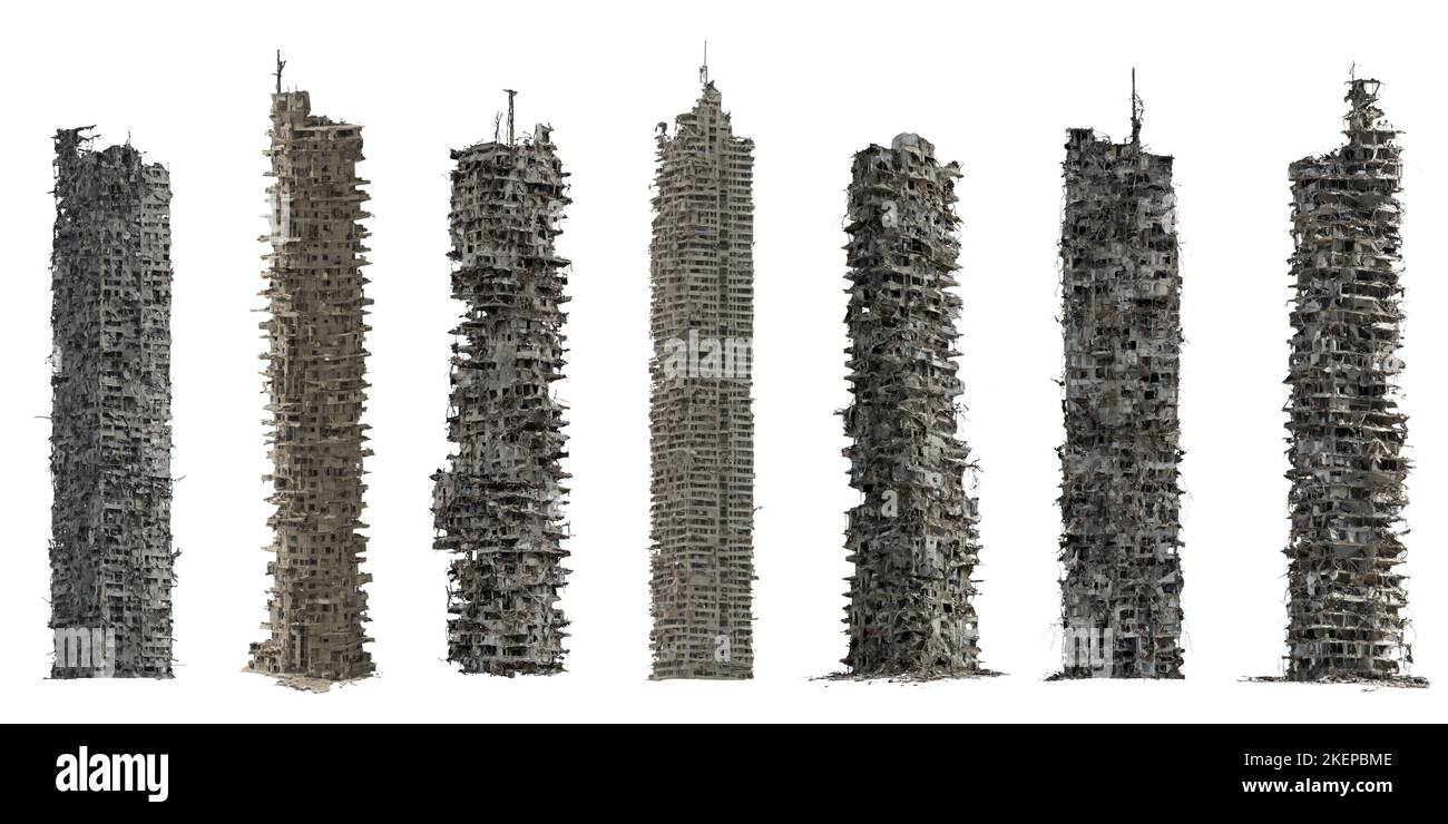 set of ruined skyscrapers, tall post-apocalyptic buildings isolated on ...
