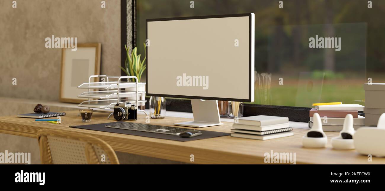 Modern minimal home office workspace against the window with PC desktop ...