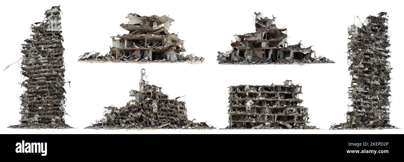 set of ruined buildings, post-apocalyptic skyscrapers isolated on white ...
