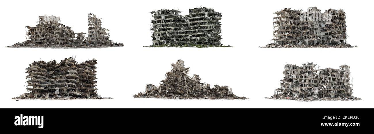 set of ruined buildings, post-apocalyptic civilization, isolated on ...