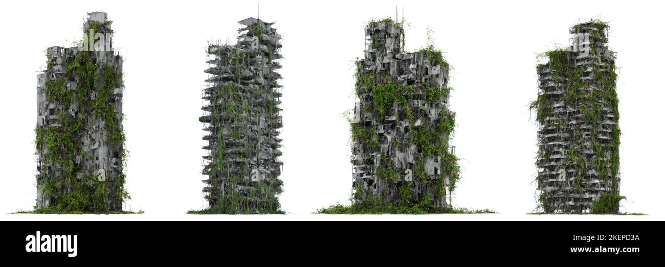 set of ruined skyscrapers, overgrown post-apocalyptic buildings ...